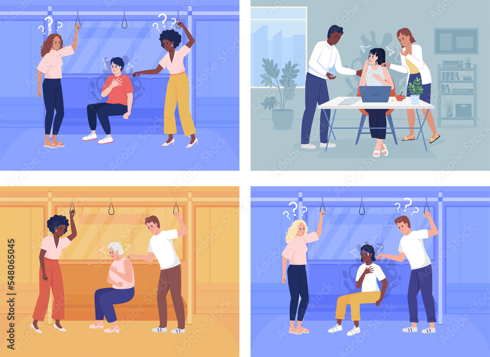 Terror episode on public transport flat color raster illustration set ...
