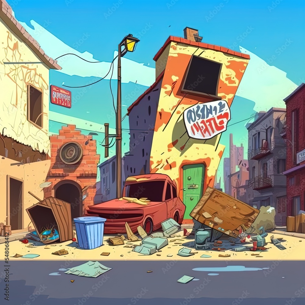 Ghetto buildings, litter bin, broken car, bar signboard, street lamp ...