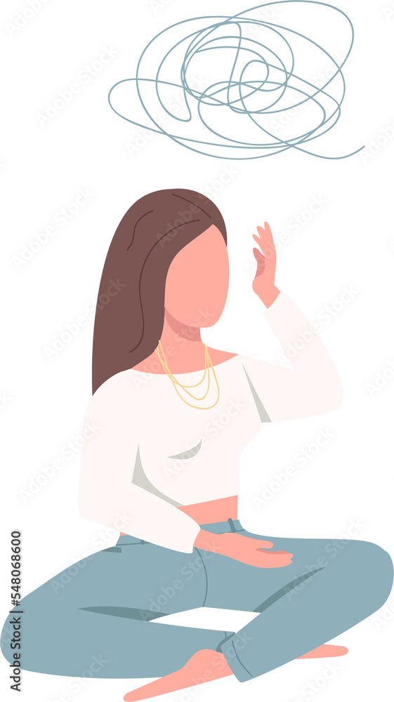 Woman trying to relieving stress and anxiety semi flat color raster ...