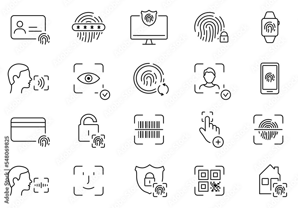Biometric Identification Line Icon Set. Face ID, Touch ID Linear ...