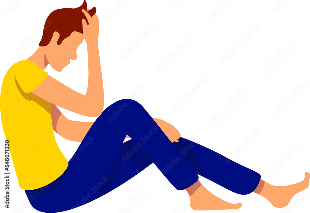 Frustrated man semi flat color raster character. Sitting figure. Full ...