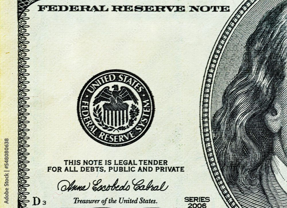 Symbol of the US Federal Reserve System on the old US 100 dollar bill ...