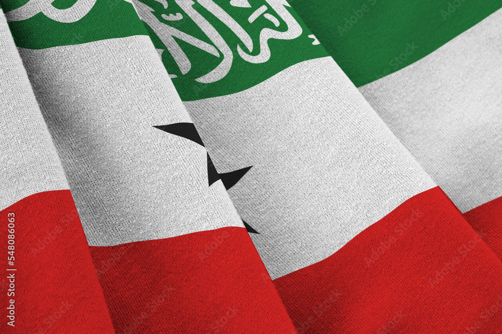 Somaliland flag with big folds waving close up under the studio light ...