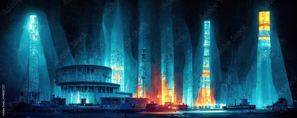 nuclear power station with blue cherenkov radiation as panoramic ...