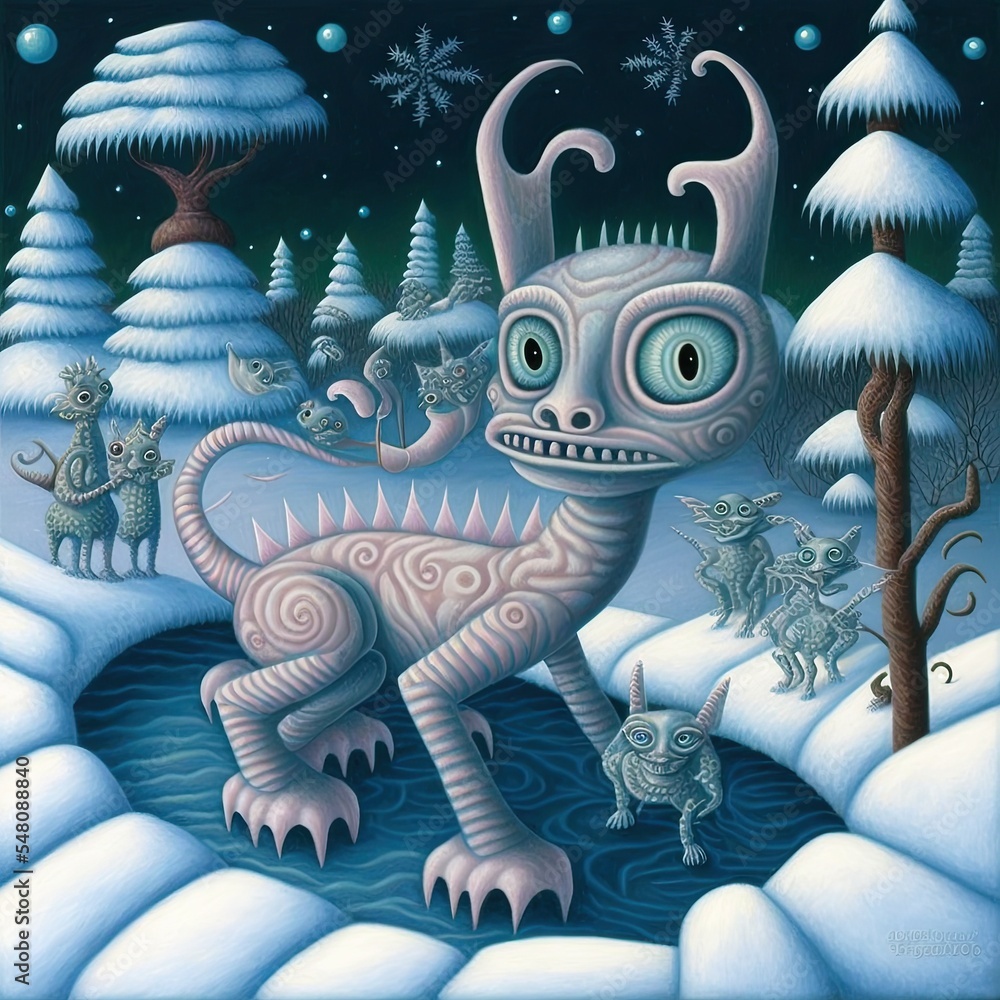 Illustration of a fantasy world of imaginary creatures surrounding a ...