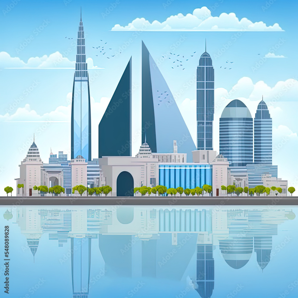 Bahrain city skyline with gray buildings, blue sky and reflections. 2d ...