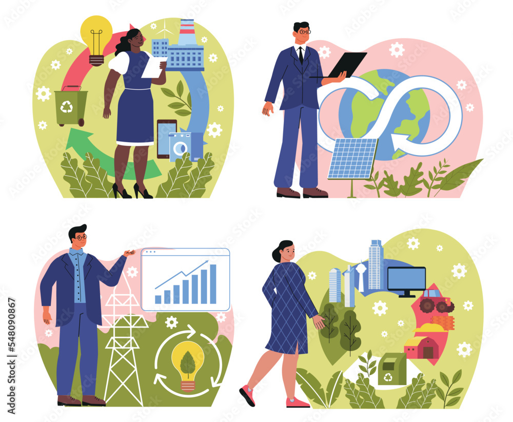 Circular economy illustration set. Sustainable planet development with ...