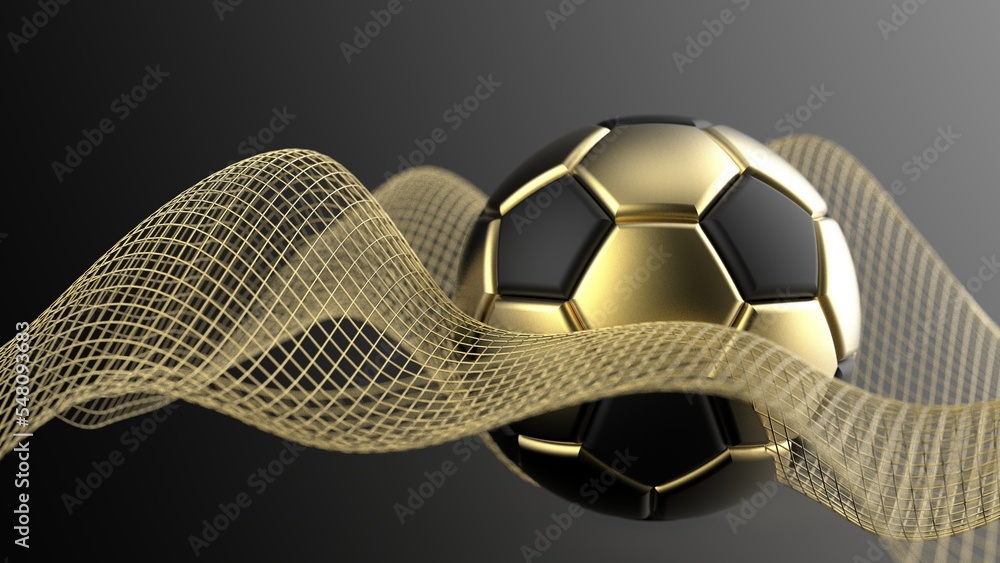 Black-gold soccer ball with gold mathematical geometric grid line wave ...