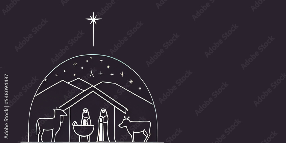 illustration Christmas nativity neon scene of born child baby Jesus ...