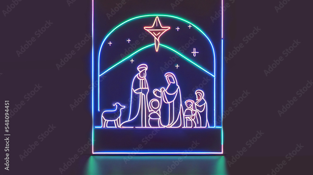 illustration Christmas nativity neon scene of born child baby Jesus ...