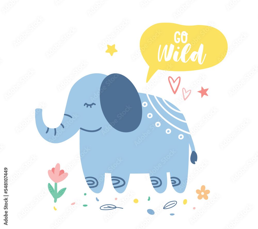 Baby elephant funny. Large gray animal with ears and trunk, charming ...