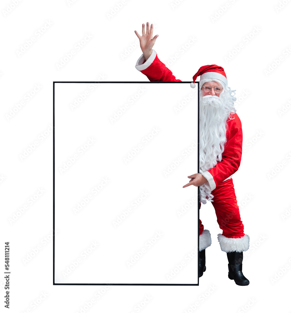 Santa Claus is holding and pointing the white blank sign for seasonal ...