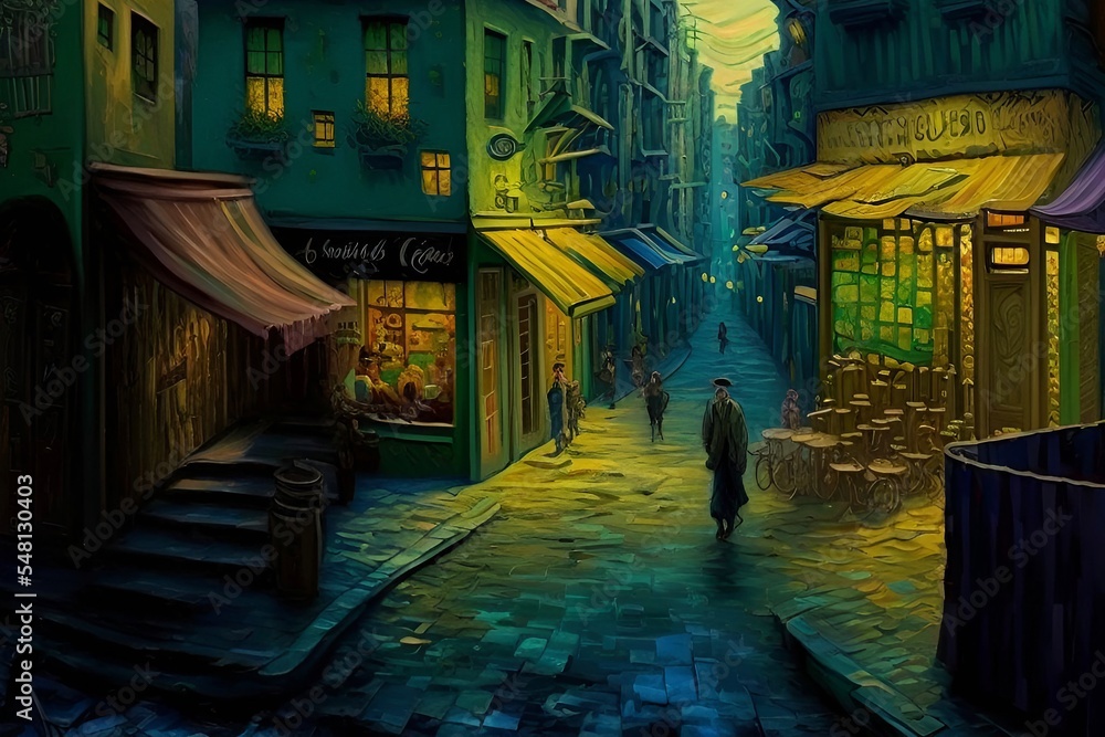 Colorful Cozy Impressionist Town Street and Cafe at Twilight. [Digital ...