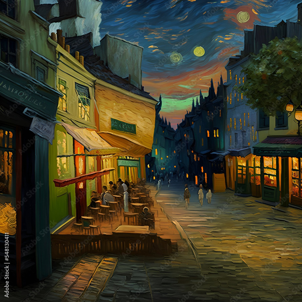 Colorful Cozy Impressionist Town Street and Cafe in the Early Evening ...