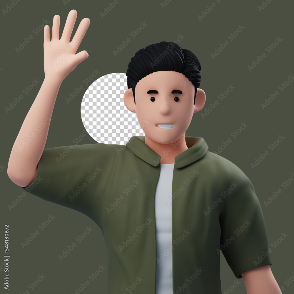 Cute 3d character man saying hi with raise right hand, greeting gesture ...