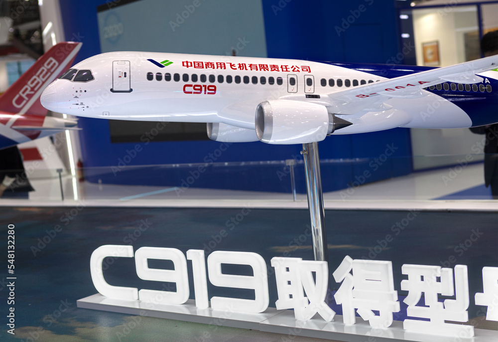 ZHUHAI, CHINA- NOVEMBER 9, 2022: A mockup of the jumbo jet C919 of the ...