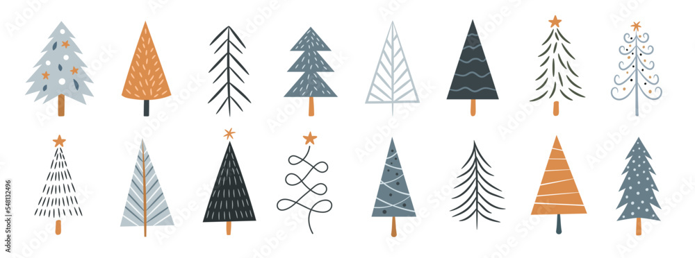 Winter Christmas tree set. Doodle collection. Vector illustration Stock ...