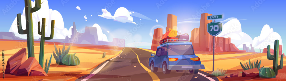 Road trip, car driving desert highway at wild west landscape ...