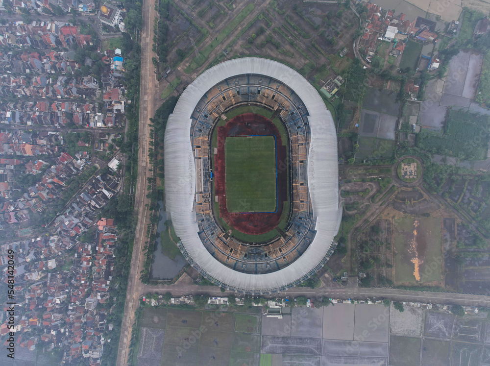 Aerial view of the Beautiful scenery Gelora Bandung Lautan Api (GBLA) Football or Soccer Stadium ...