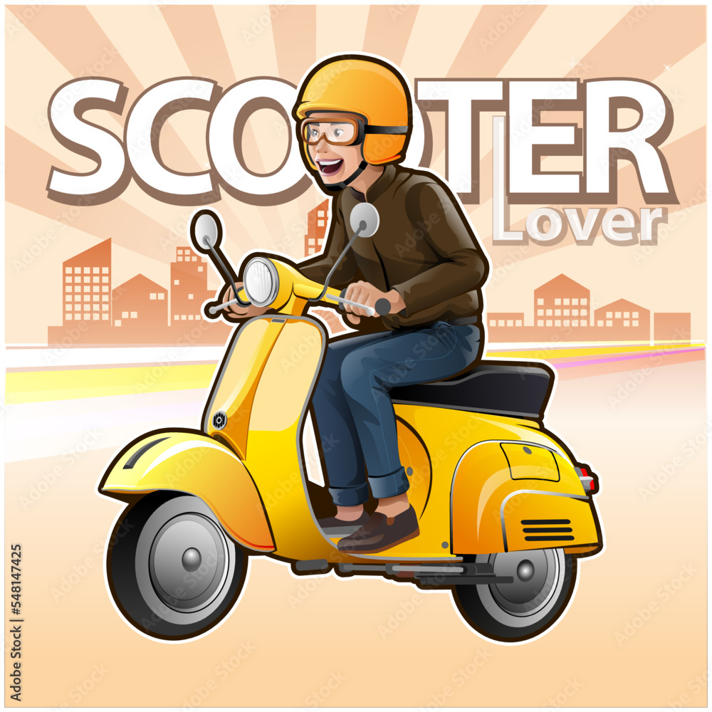 vector illustration, yellow scooter rider with multi-storey building ...