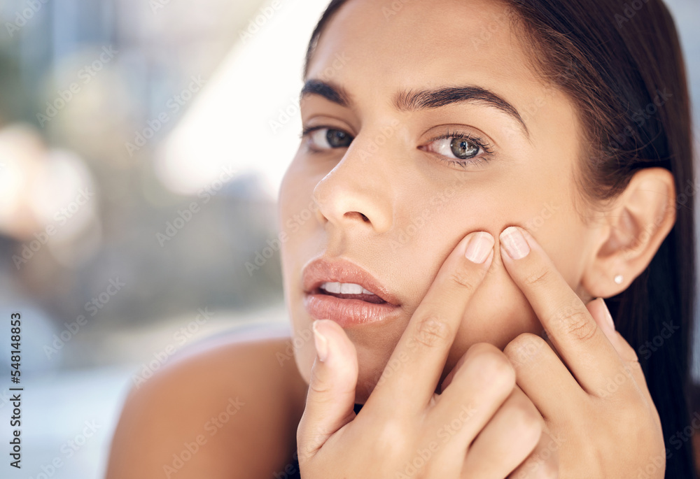 Acne, squeeze and face of woman in bathroom for skincare, facial and ...