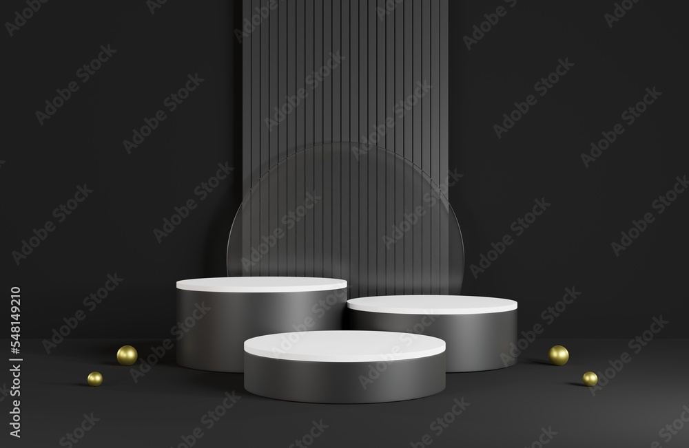 Black and white geometric plinth with ornate black columns and circular ...