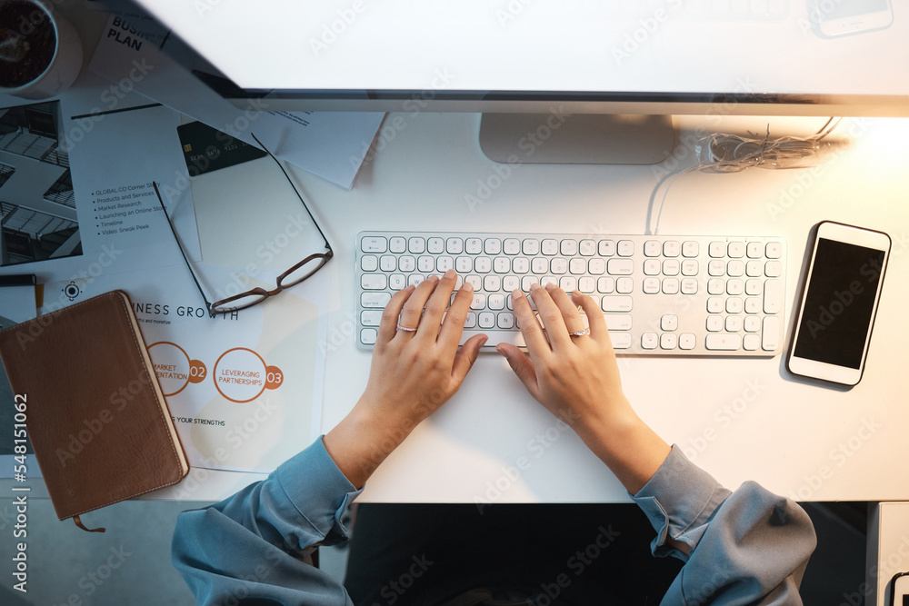 Computer, keyboard and typing with top view of woman and mockup on ...