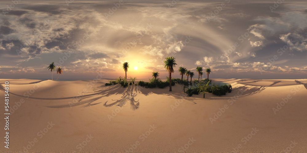 Oasis at sunset in a sandy desert. Environment map. HDRI . equidistant projection. Spherical ...