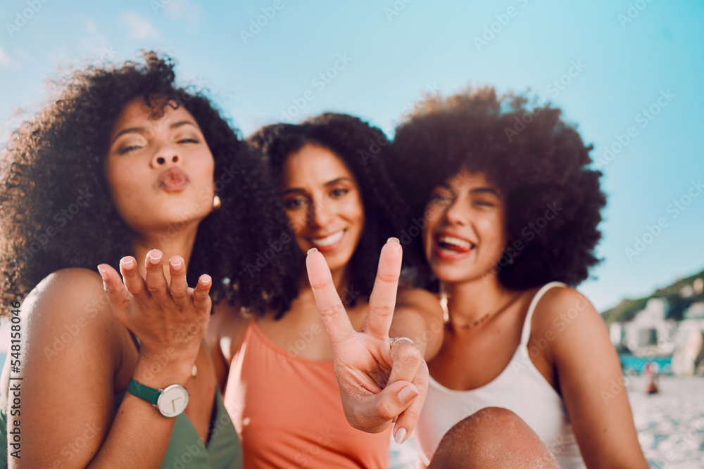 Happy, peace sign and friends with women on beach for summer break ...
