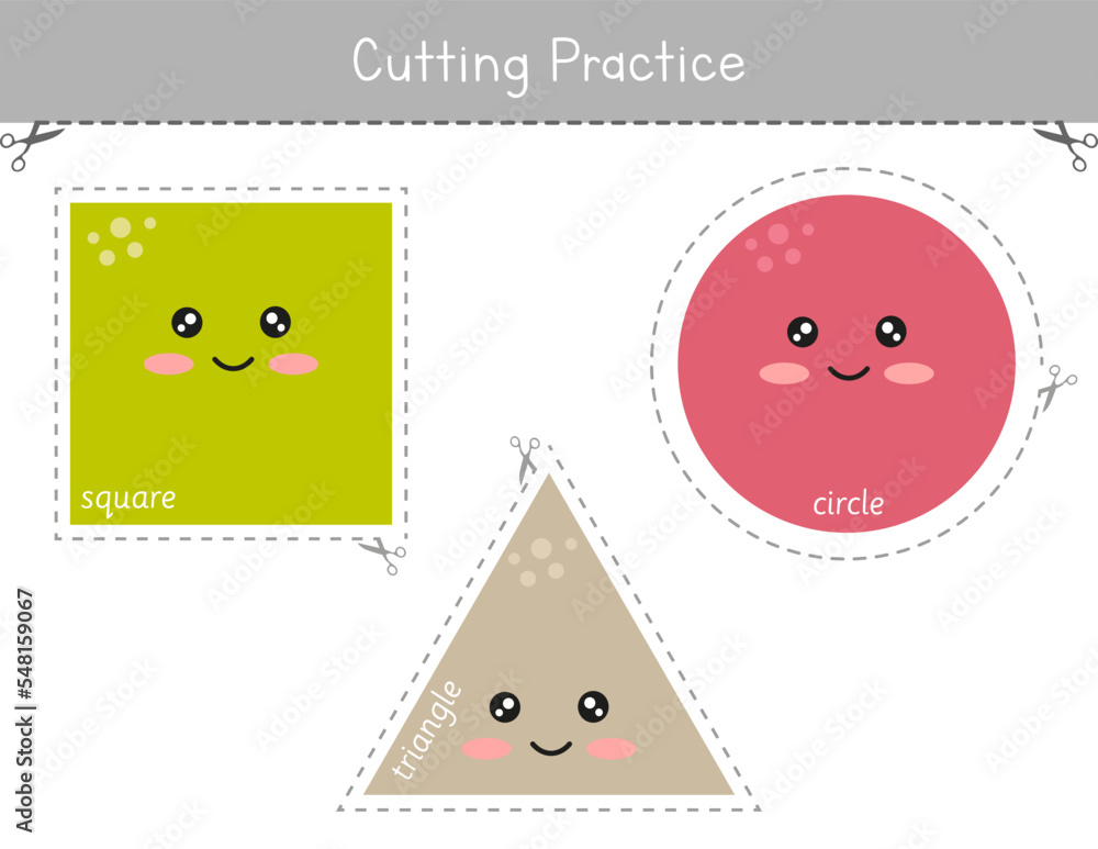 Shapes cutting practice worksheet for kids.Preschool educational game ...