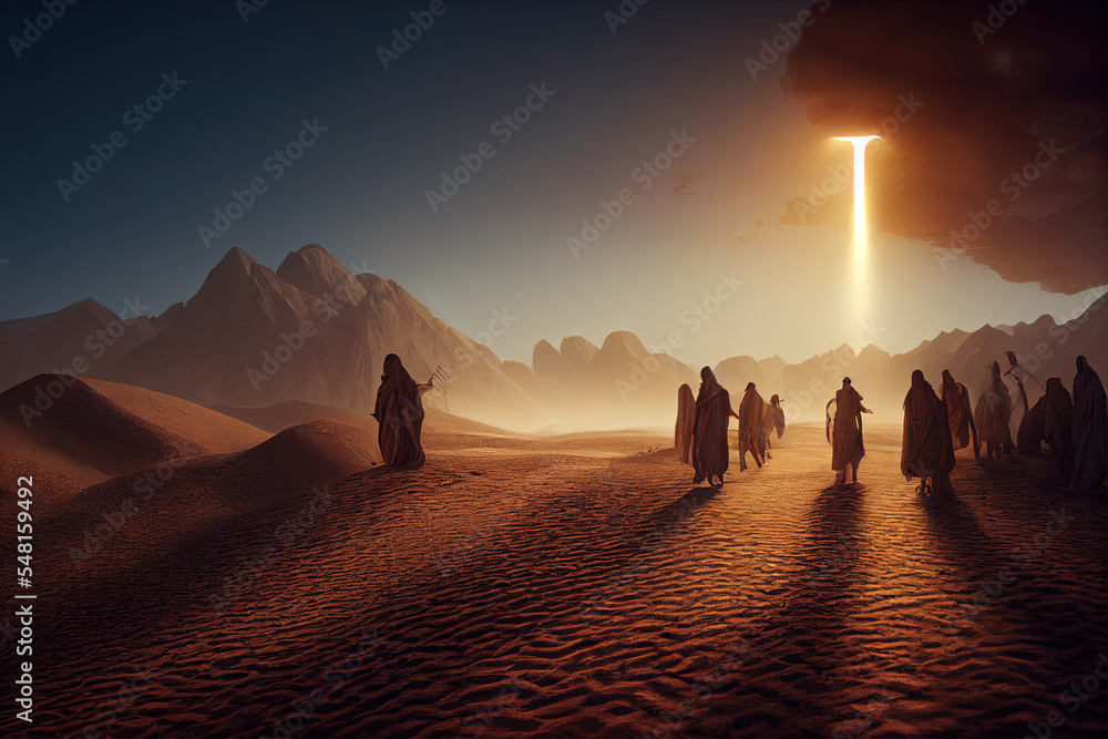 Exodus, Moses crossing the desert with the Israelites, escape from the ...