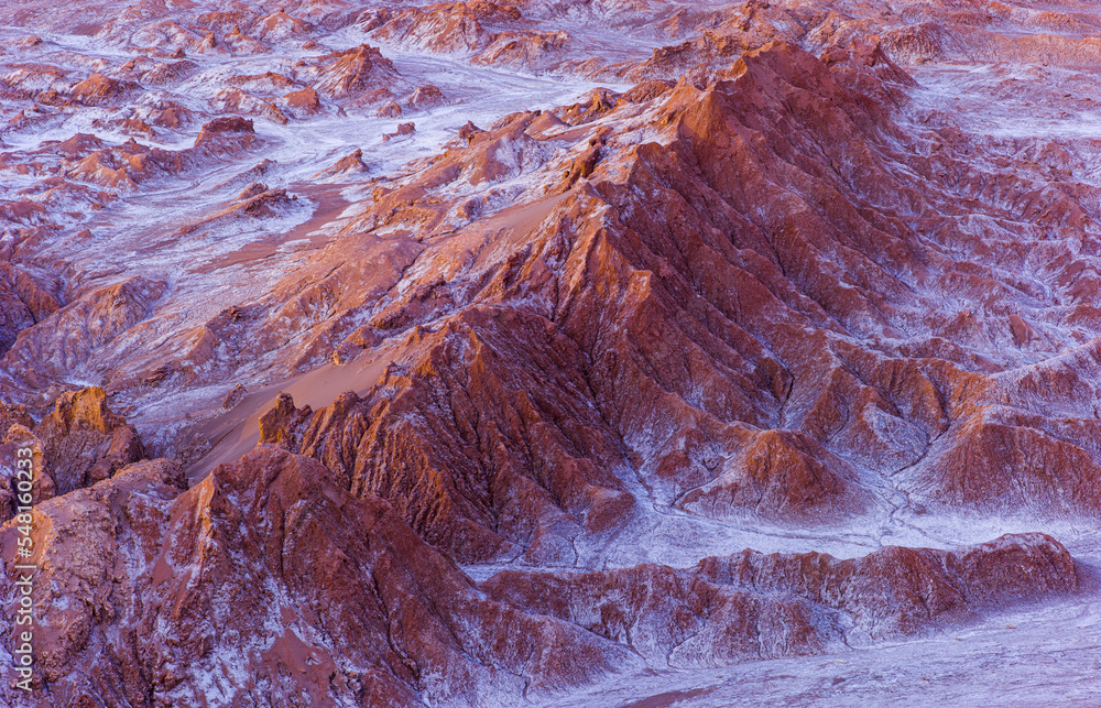 Barren desert landscape with eroded badlands and white crusts of salt ...