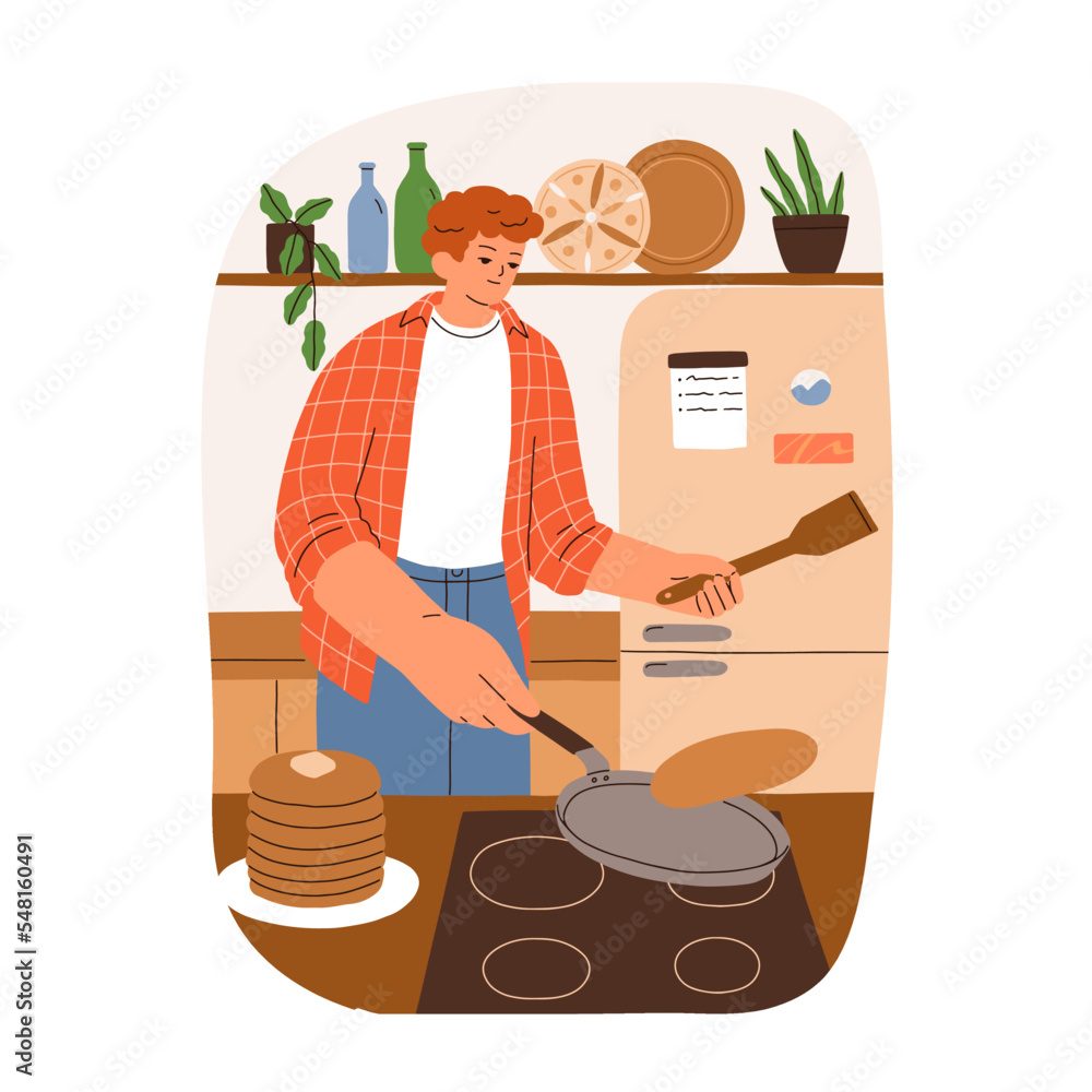 Man cooks pancakes at home kitchen in morning. Person cooking, flipping ...