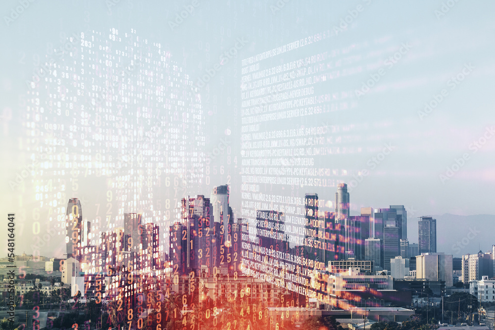 Abstract virtual code skull hologram on Los Angeles cityscape background, cybercrime and hacking ...