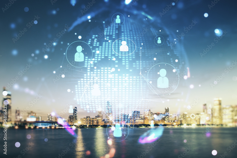 Virtual social network hologram and world map on Chicago skyline ...