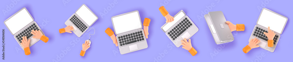 Top view 3d render laptop and hands, human arms working on computer ...