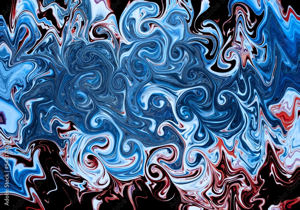 Abstract blue and red liquid swirling marble flame texture on a black background or wallpaper ...