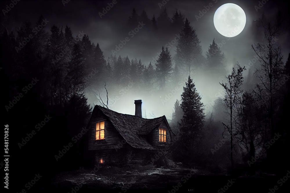 Creepy old wooden cabin house in the woods at full moon dark fantasy ...