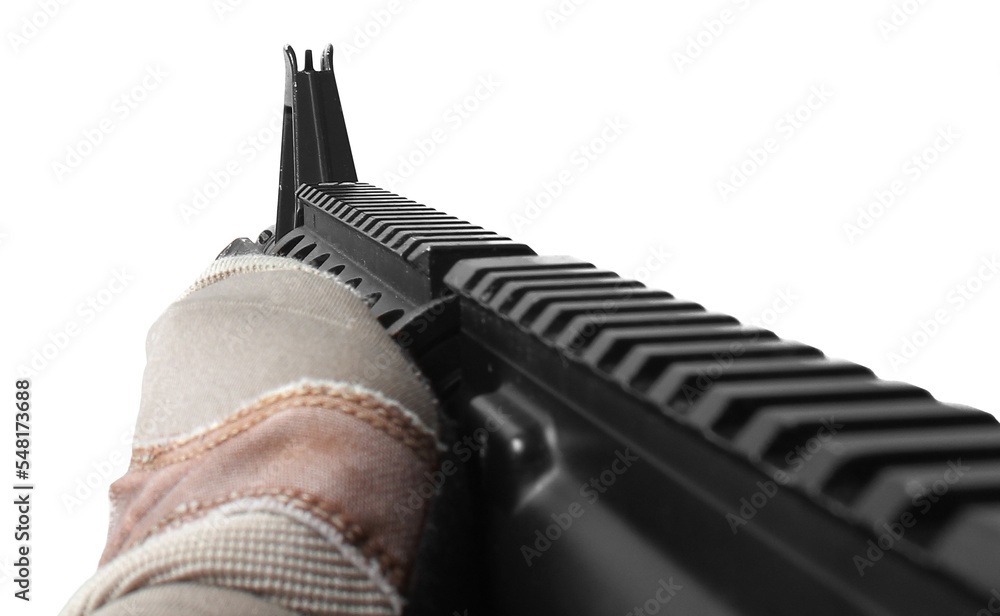 hand holding assault rifle gun aiming in subjective point of view POV ...