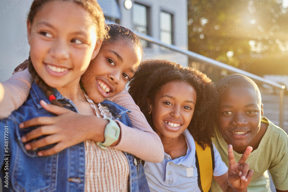 Young children, selfie and friends together, pose in outdoor portrait ...
