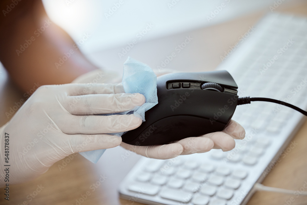 Computer mouse, hand and wipe to disinfect during covid for health ...