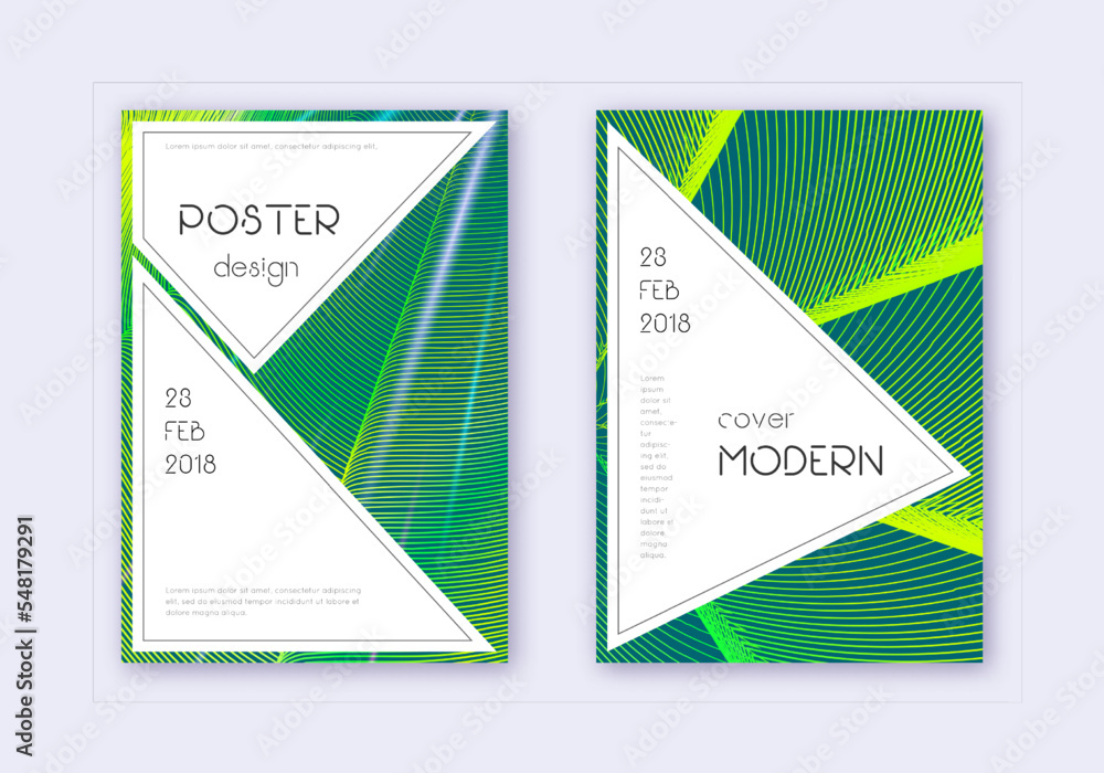 Stylish cover design template set. Green abstract lines on dark ...