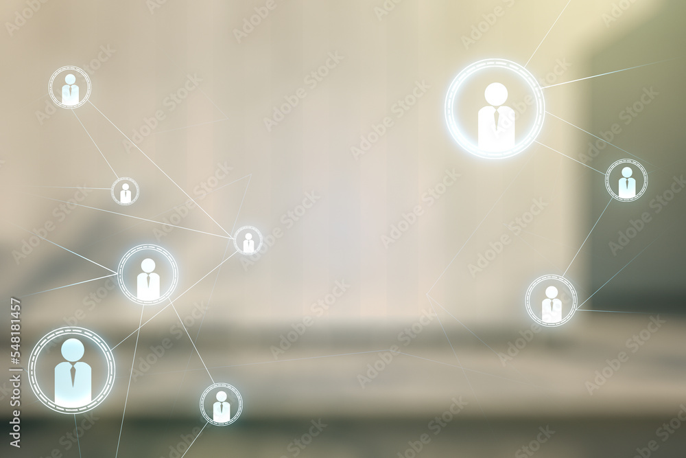 Abstract virtual social network concept on blurry modern office ...