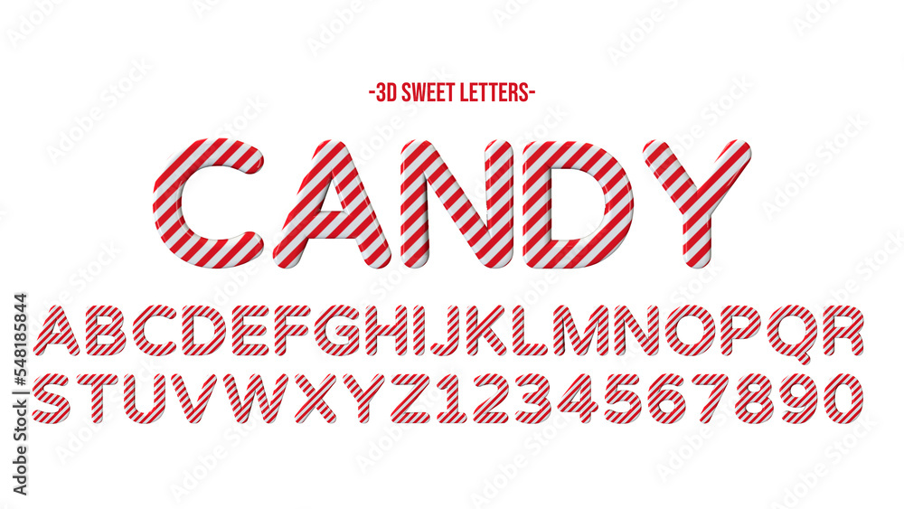3d candy cane font, letters and numbers. Sweet striped alphabet ...