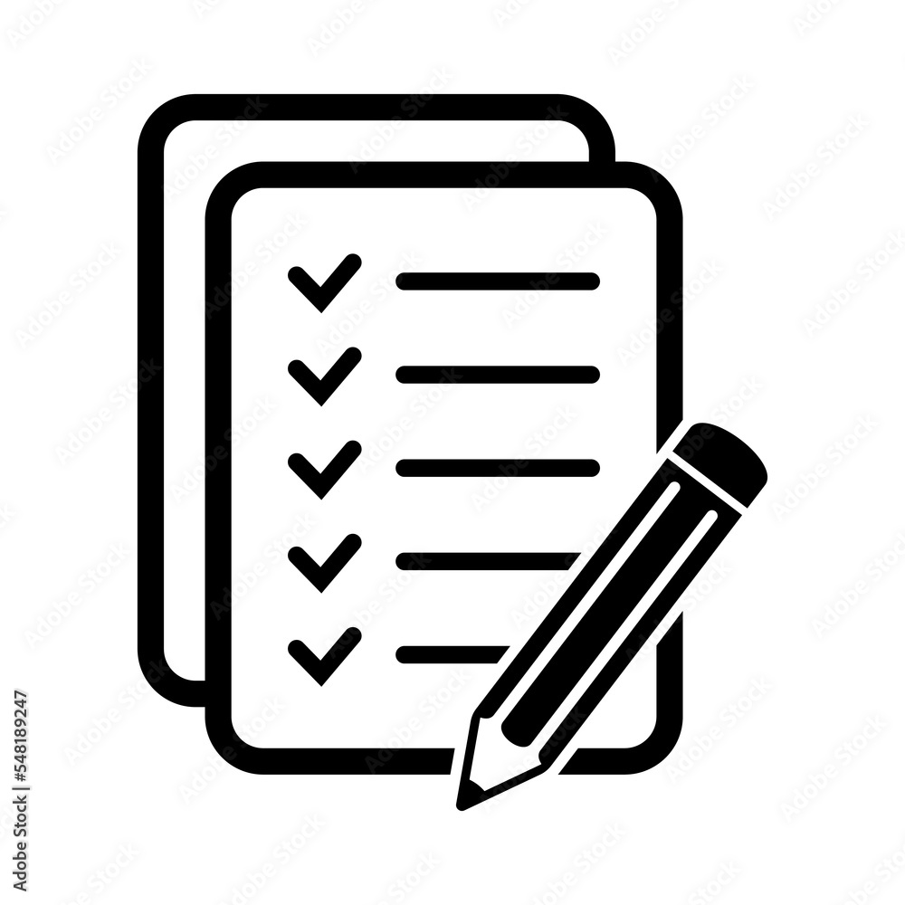 Document, checklist and pencil vector icon, list icon. Black ...