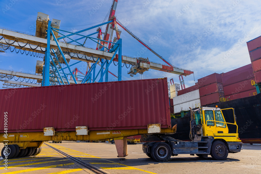 Containers truck in Ashdod Port, Shipping containers being unloaded at ...