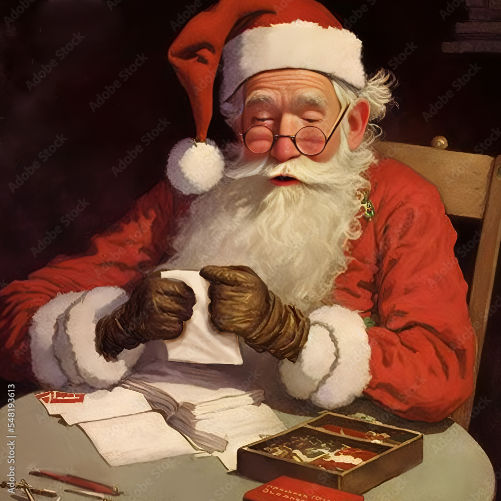 santa claus sorting his list and checking it twice, vintage style ...