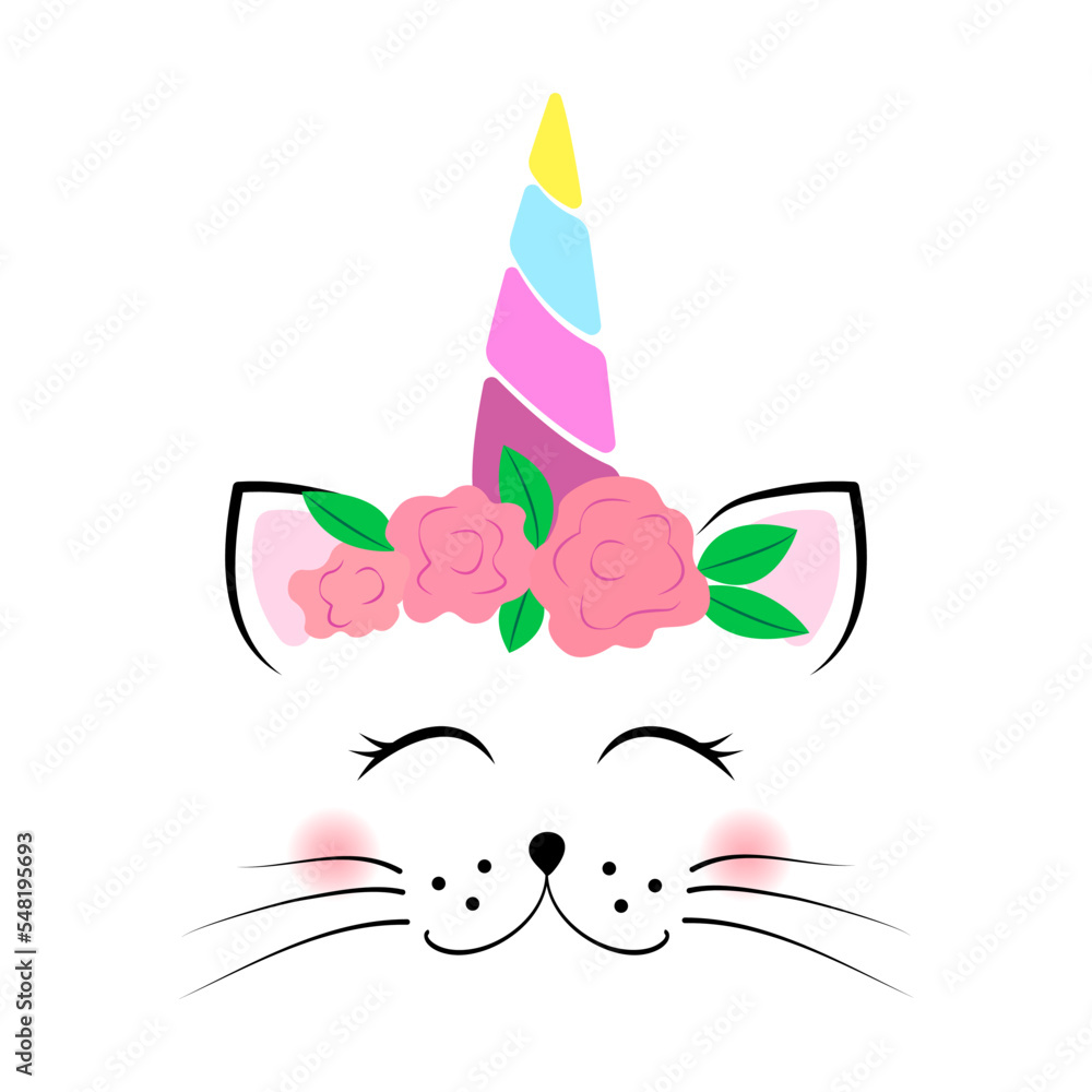 Cute unicorn cat face with flowers and rainbow horn. Baby vector ...