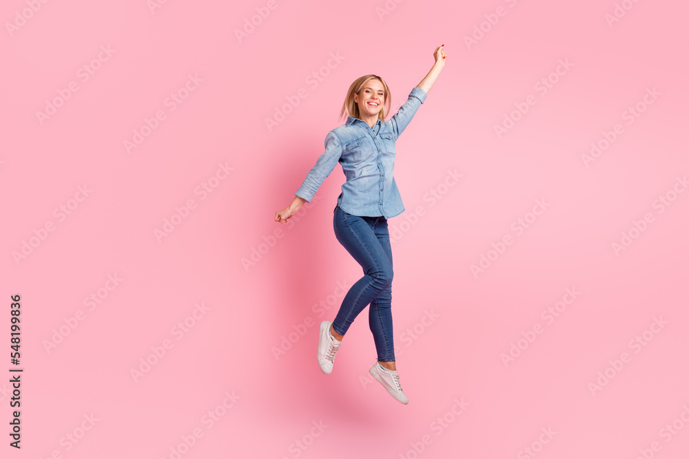 Full size photo of cool brunette millennial lady jump wear shirt ...