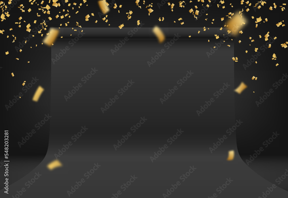 Realistic 3d black photo studio. Black gradient studio background. Gold ...